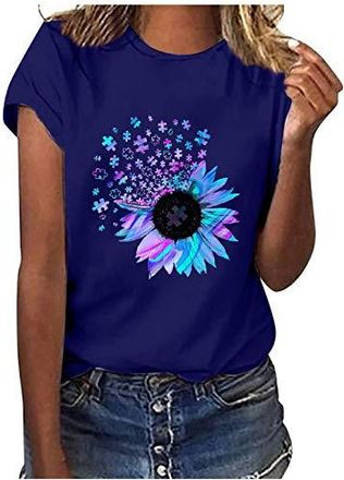 Generico T-shirt Manches Courtes Femme Élégant 2025 Chemise Col rond Curvy Chemises avec Fleurs Imprimé Loose Maillots Couleur Unie Casual Vêtements Basic T-sh