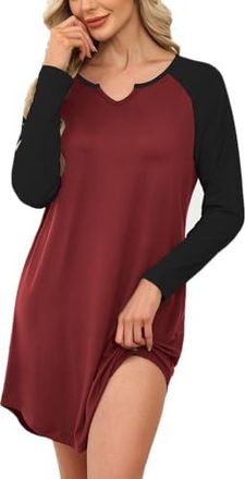 Ekouaer Chemise de Nuit Femme Manches Longues Vêtements de Nuit à Couleurs Contrastées Col en V Hiver Rouge vin M