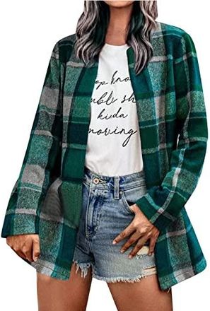 Generic Vestes pour femmes 2026 en flanelle &agrave; carreaux l&eacute;gers et fins, chemises raglan &agrave; manches longues boutonn&eacute;es sur la poitrine avec poches poitrine cardi