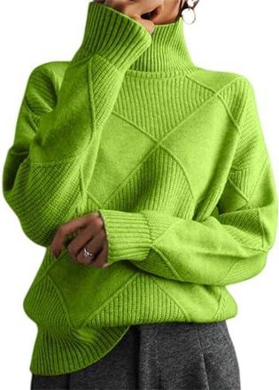 Generic Pull à col roulé pour femme, automne et hiver, manches longues côtelées, coupe unie, pull décontracté confortable et chaud pour le travail, Vert, XXL