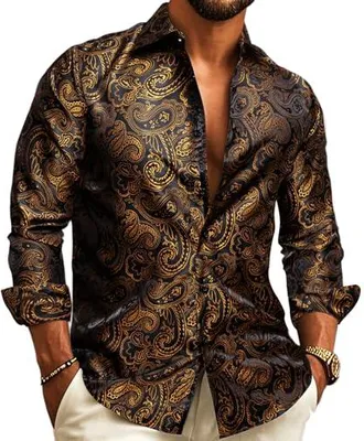 Barry.Wang Chemise habillée pour homme en satin motif cachemire fleur à manches longues bouton grande et haute chemise tendance loisirs mariage fête bal, noir/or