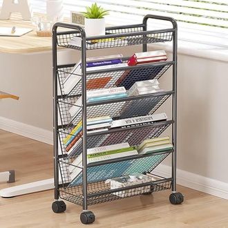 Generic Chariot &agrave; Livres Roulant, &eacute;tag&egrave;re Mobile sur roulettes, Chariot Compact, &eacute;tag&egrave;res m&eacute;talliques sur Pied, &eacute;tag&egrave;re dangle, pr&eacute;sentoir &agrave; Magazines for esp