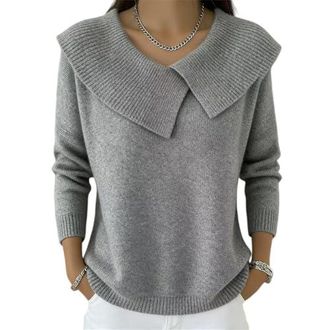 Generic Pull en tricot &agrave; col pour femme - Style r&eacute;tro - Couleur unie - Pull tricot&eacute; &agrave; col - D&eacute;contract&eacute; - Doux, gris, 3XL-6XL