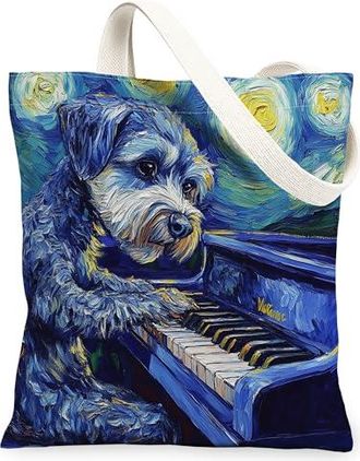 Generic Sac fourre-tout en toile motif chien Schnauzer 33 x 38,1 cm, motif piano &eacute;toil&eacute;, sac d&eacute;picerie r&eacute;utilisable pour femme, animal de compagnie, chiot, pe