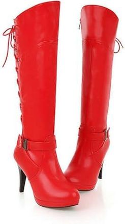 Generic Rouge,37 EU,Bottes Hautes à Lacets pour Femmes, Bout Rond, Plateforme, Talons Aiguilles, Bottes Hautes, Fermeture éclair latérale et Boucle de Ceintur