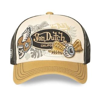 Von Dutch Patches15 Casquette Trucker en maille Beige et Noir Patch Tiki California Style Vintage Surf R&eacute;glable Respirant