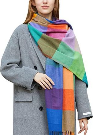 Generic Ch&acirc;les dhiver en polaire au toucher quadrill&eacute; pour femme - &Eacute;charpe l&eacute;g&egrave;re et chaude pour femme - Grande &eacute;charpe tricot&eacute;e &agrave; pompons en treillis, G, Tai