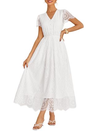 Grace Karin Damen Spitzenkleid Elegant A Linie Freizeitkleid Jerseykleid Lange Swing Stretchy Kleider CL343-02 L