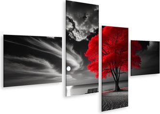 Islandburner Bild auf Leinwand Roter Baum an einem mondhellen Strand in Schwarz-Weiß Bilder Wandbilder Poster