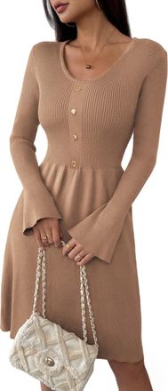 Zeagoo Damen Strickkleid Langarm V-Ausschnitt Pulloverkleid Elegant Knielang Herbstkleid Casual Kleid Herbst Winter A Linien Hellbraun XXL