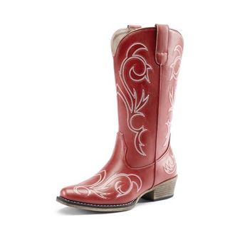 Dream Pairs Bottes de cowboy mi-mollet pour femme - Bout carr&eacute; - Talon &eacute;pais - Broderie - Bottes western, Rouge, 37 EU