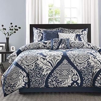 Madison Park Sateen Cotton Comforter Set-Traditional Luxe Design All Season Lightweight Bedding, Shams, Bedskirt, Decorative Pillows, Cal King(104x92), Vienna, Dam