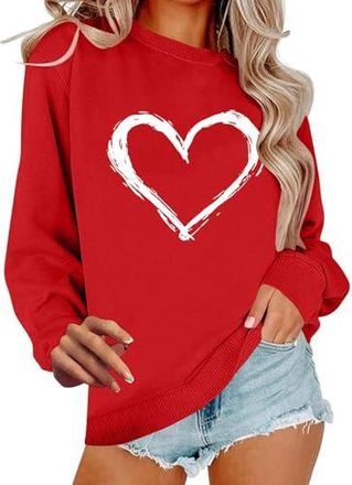 Generic Sweat-shirt rouge &agrave; manches longues et col rond pour femme - Imprim&eacute; coeur - Haut &agrave; manches longues - Haut de sport - Chemises dentra&icirc;nement, rouge pa