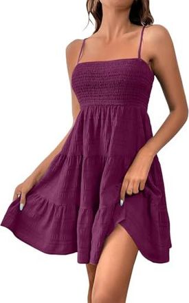 Generic Robe dété pour femme - Courte - Élégante - Bretelles spaghetti - Robe de plage légère - Décontractée - Sans manches - Mini robe trapèze - Couleur unie