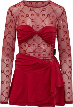 Marine Serre Femme, Blouses et Chemises, Rouge, Taille: 42 FR Moonogram Mesh Flock LS Mini Crewneck Dress