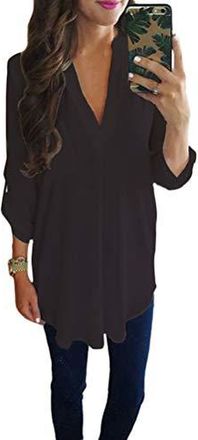 Onsoyours Femmes Casual Lache Col en V Asymétrique T-Shirt Manches Longues Élégant Couleur Unie Décontractée Tops Blouse Chic avec Poche Noir 44