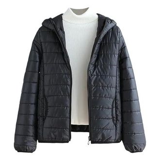 Generic Doudoune dhiver matelass&eacute;e l&eacute;g&egrave;re &agrave; capuche pour femme avec fermeture &eacute;clair int&eacute;grale et poches, Noir, 3XL