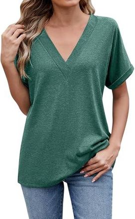 Generic Chemisier uni à manches courtes pour femme Printemps et été 2025 - Couleur unie - Grand col en V - T-shirt ample à manches courtes pour femme - Vêteme