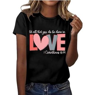 Generic T-shirt d&eacute;contract&eacute; &agrave; manches courtes et col rond imprim&eacute; coeur pour femme 2026 Saint-Valentin, Noir, XXL