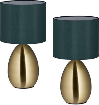 Relaxdays Nachttischlampe, 2er Set, mit Schalter, Fensterlampe, 3 Stufen, E14, Tischlampe, HD: 33,5x18 cm, Messing/grün