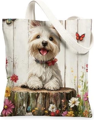 Generic Spring Westie Sac fourre-tout en toile pour faire du shopping 33 x 38,1 cm, sac d&eacute;picerie r&eacute;utilisable pour femme, animal de compagnie, peinture, d&eacute;co