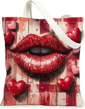Generic Sac fourre-tout en toile motif l&egrave;vres romantiques, motif coeur, l&eacute;ger, lavable, sac d&eacute;picerie r&eacute;utilisable pour la Saint-Valentin, le shopping, la pla