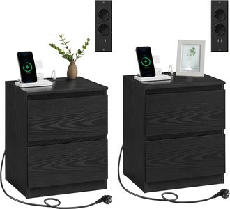 Vasagle Kailyn Kollektion - Nachttisch mit Steckdosenleiste, 2er Set, Beistelltisch 2 Schubladen, 2 AC-Steckdosen, 2 USB-A-Anschl&uuml;sse, f&uuml;r Schlafzimmer, ebenh