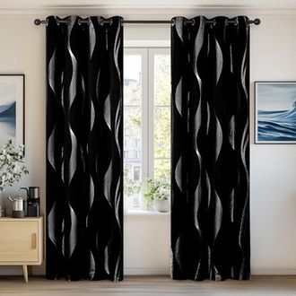 Deconovo Lot de 2 Rideaux Salle &agrave; Manger Cuisine Chambre &agrave; Oeillets, 140x240cm, Halloween Noir, Motif Ligne Rideau de Porte Argent&eacute; Occultant Thermique Anti Fr