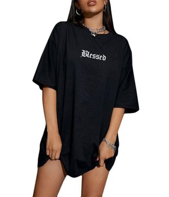 TOMWELL Damen Langes T-Shirt mit Buchstaben Grafik Kurzarm Sport Oberteile Sommer Oversize Tshirt Rundhals Casual Longshirt E Schwarz XXL