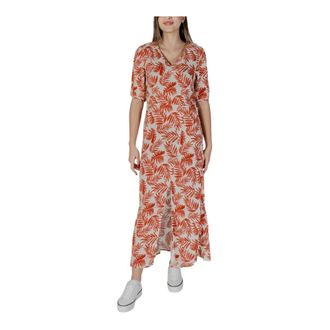 b.young Robe longue &agrave; motif feuilles col en V manches courtes - Femme - Robes - Brun - Taille: 32 FR