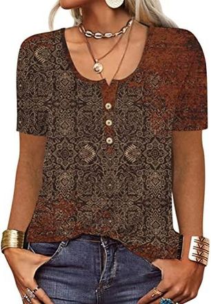 Onsoyours T-Shirt Col V Blouses à Manches Courtes pour Femmes Imprimé Tunique Tops Lâche Chemisier T-Shirts pour Femmes avec Boutons Basiques Haut Printemps été