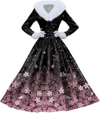 Generic Robe de Noël élégante pour femme - Col en V - Flocon de neige - Motif sapin de Noël - Robe décontractée - Longueur genou, rose, M