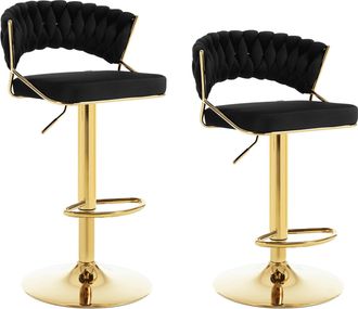 Woltu Barhocker 2er Set höhenverstellbar, Barstühle 360° drehbar, Küchenhocker mit geflochtener Rückenlehne Fußstütze, Samthocker Metall, Schwarz, BH427sz-2