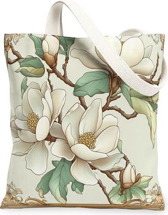 Generic Sac fourre-tout en toile avec fleurs de magnolias printaniers pour le shopping, 33 x 38 cm, sac d&eacute;picerie r&eacute;utilisable vintage pour femme, sac d&eacute;picer