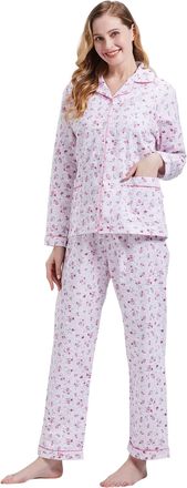 Global Schlafanz&uuml;ge Damen Flanell | Baumwolle Damen Pyjama Set | Zweiteiliger Nachtw&auml;sche Damen Pjs Set Lang | Knopfleiste vorne und Kordelzug | Rosa Blume d