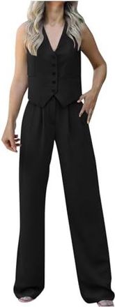 Generic Ensemble blazer 2 pièces pour femme en coton et lin - Coupe ajustée - Sans manches - Avec boutons - Pantalon large - Ensemble blazer - Ensemble gilet 