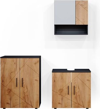 Vicco Badmöbel-Set Goldkraft Eiche/Anthrazit Irma, bestehend aus Bad Spiegelschrank, Waschbeckenunterschrank, Midischrank - Versteckter Stauraum hinter eleg