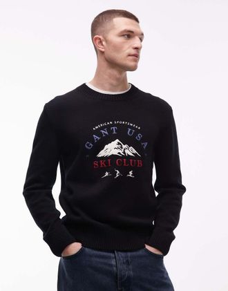 GANT Sweatshirt in Schwarz mit aufgesticktem Ski Club-Grafikmotiv auf der Brust