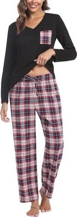 iClosam Pyjama Femme Hiver Coton Ensemble de Pyjama Chaud col V Vêtements de Nuit 2 Pièces Confortable avec Haut à Manche Longue et Bas de Pyjama à Carreaux