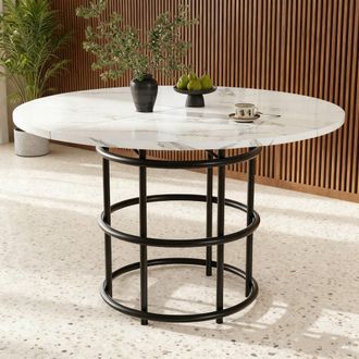Generic Table Ronde 100cm - Plateau marbr&eacute; MDF sur Pieds anneau m&eacute;talliques Noirs, Parfaite Pour repas en famille ou Entre amis