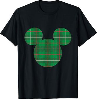 Disney Mickey Mouse Icon Green and Red Holiday Plaid T-Shirt