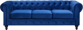 Beliani 3-Sitzer Sofa Marineblau Samtstoff mit Dicken Sitzkissen Holzbeinen Armlehnen Chesterfield Stil Knopfheftung Glamour&ouml;s Wohnzimmer Ausstattung