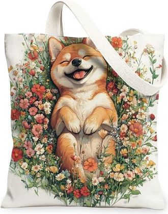 Generic Sac fourre-tout en toile motif chien Shiba Inu pour le shopping 33 x 38 cm, joli champ de fleurs r&eacute;utilisable, sac d&eacute;picerie pour femme, peinture pour