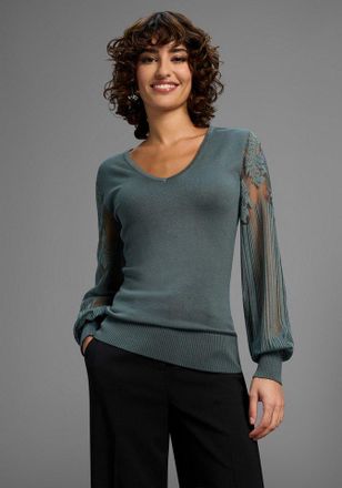 Melrose V-Ausschnitt-Pullover Feinstrickpullover mit &Auml;rmeln aus hochwertiger Spitze