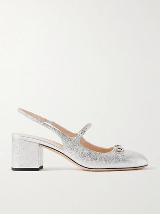 Gucci Lady Mary-jane-pumps Aus Metallic-leder In Knitteroptik Mit Horsebit-detail - Silber