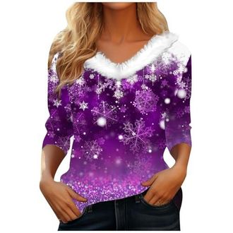 Generic Pull de Noël pour femme avec imprimé en fausse fourrure et col en V - Décontracté à manches longues - Vêtements de Noël, violet, L