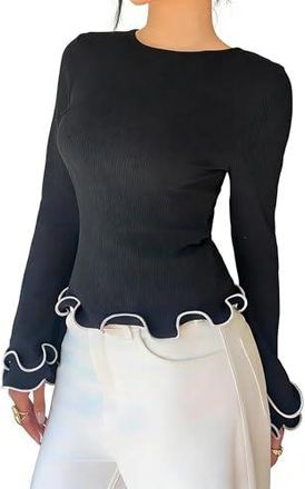 Generic Haut &agrave; manches longues en tricot c&ocirc;tel&eacute; noir pour femme, dos nu nou&eacute; contrast&eacute;, bordure &agrave; volants, chemisier coupe ajust&eacute;e, Noir, XS