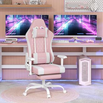 Woltu Gaming Stuhl ergonomisch, Racing Gamer Sessel, Computerstuhl mit Rollen, Kopfstütze, Fußstütze, Lendenkissen, Drehstuhl 150 kg, aus Netzstoff