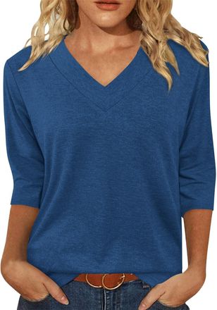 Minetom T Shirt Damen 3/4 Arm V-Ausschnitt T-Shirt Sommer Oberteil Pullover Herbst Basic Shirts A Dunkelblau M z