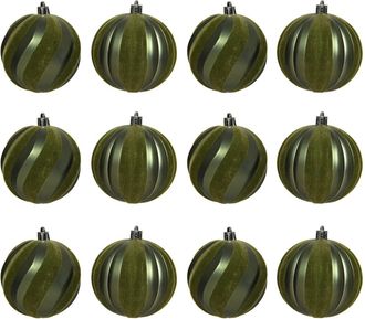 Kaemingk Weihnachtskugeln Kunststoff 8cm x 12 Stück Streifen Christbaumkugeln geriffelt grün Moosgrün